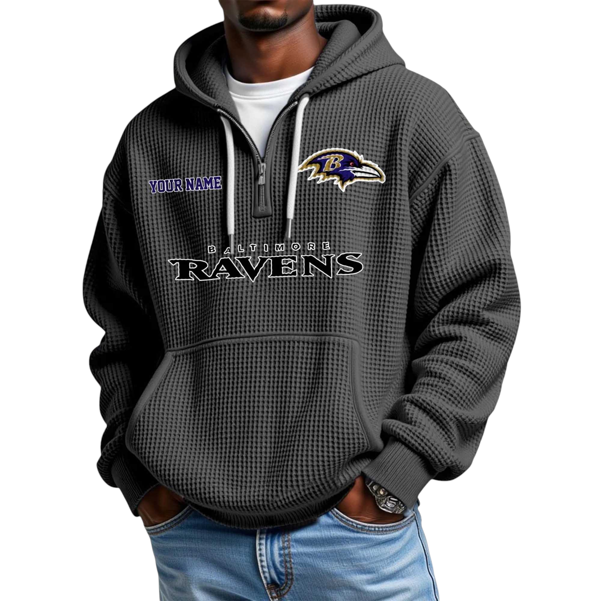 Baltimore Ravens Quarter-Zip Waffle Knit Hoodie Custom Your Name ...